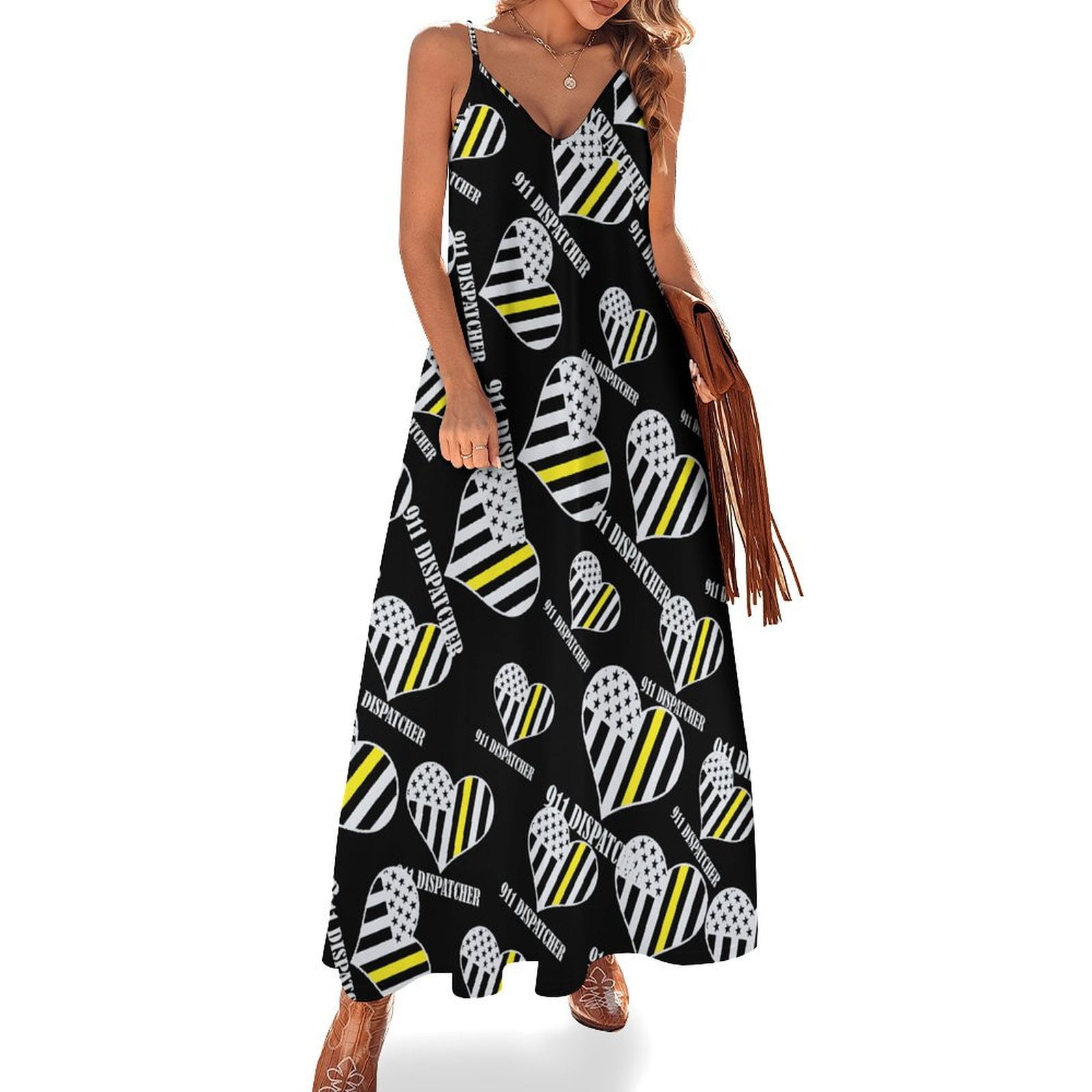 911 Dispatcher Thin Gold Line Heart Women's Maxi Dress Spaghetti Strap ...