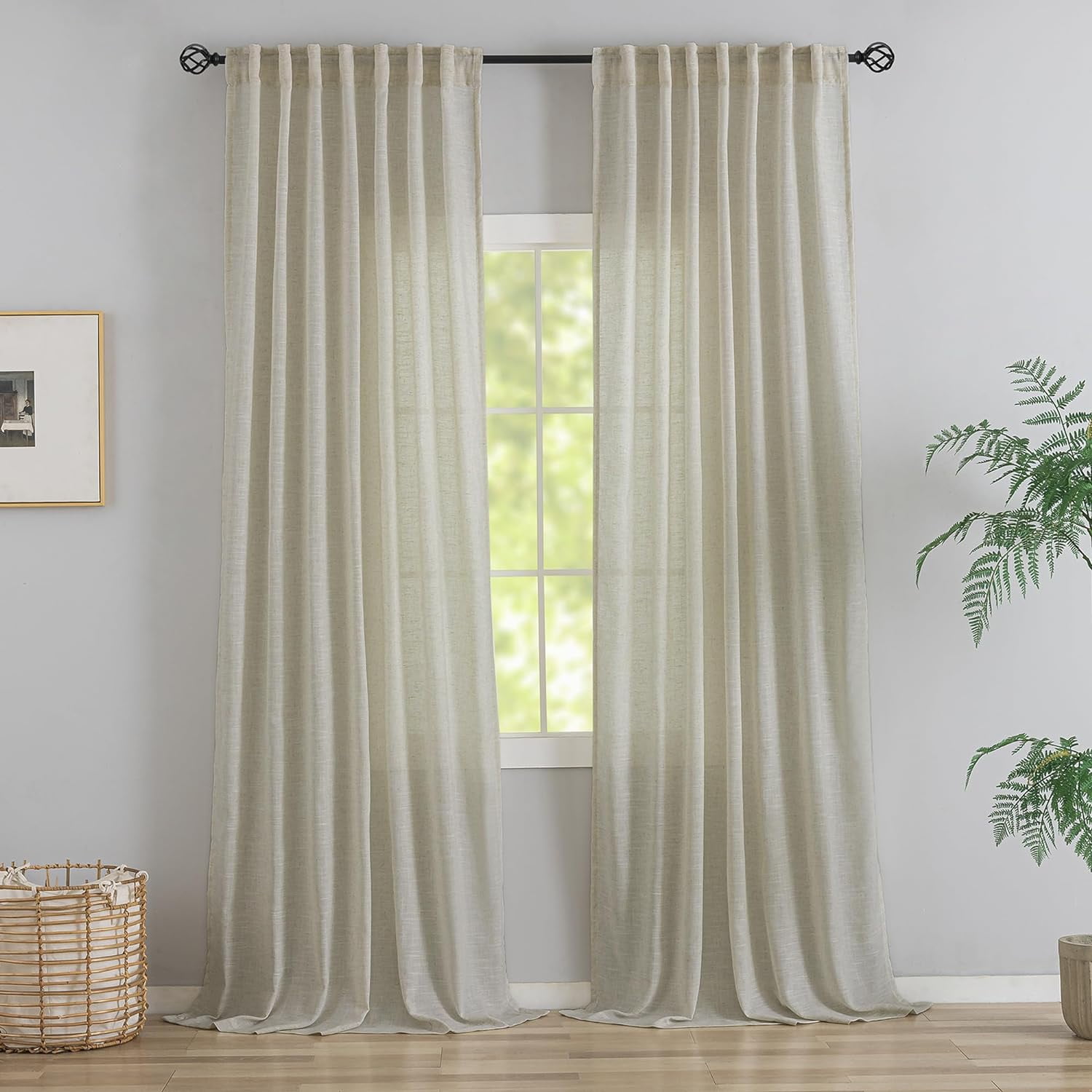 92 Inch Length Curtains Burlap Linen Back Tab & Rod Pocket Semi Gauze ...