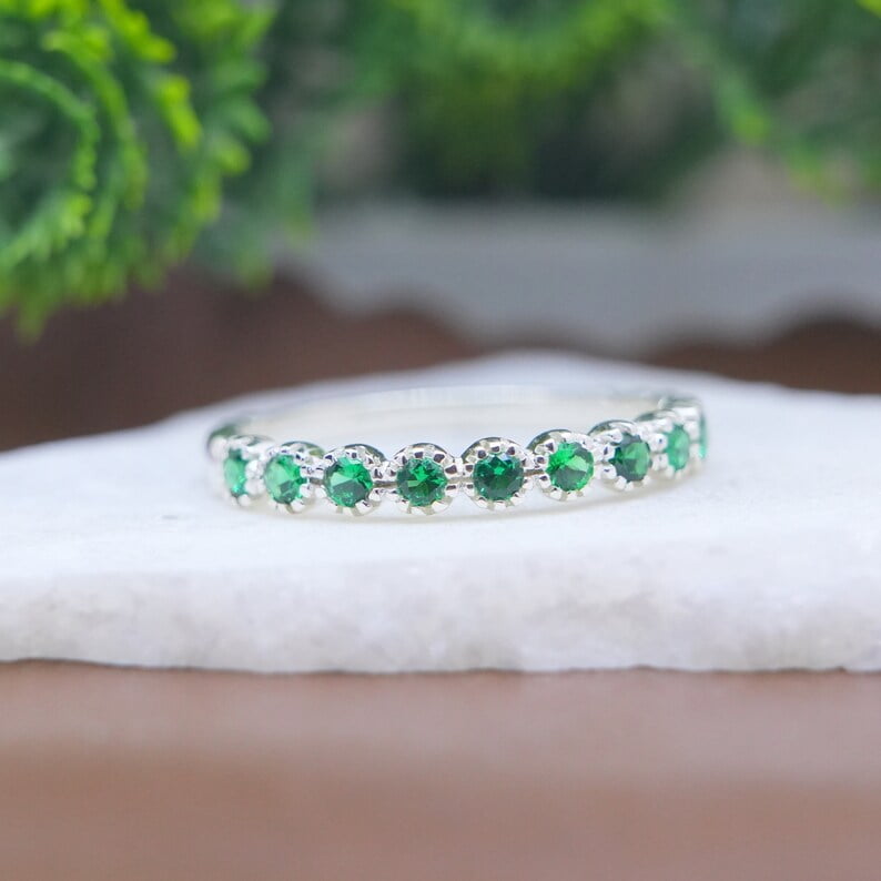 925 Emerald Ring, Vintage Emerald Band, Emerald Wedding Band, Silver Emerald Ring, Dainty Ring ...