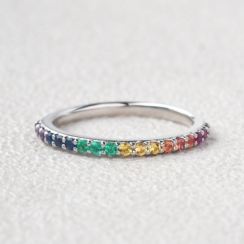 925 Minimalist Rainbow Gemstones Half Eternity Ring,Ombre ring.multi color eternity band,half ...