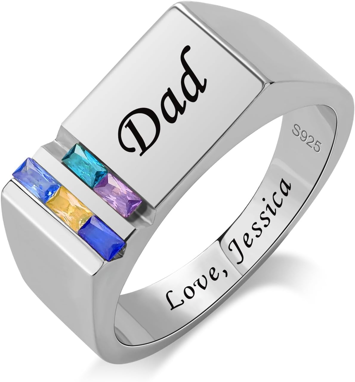 925 Personalized Men Birthstone Rings Sterling Silver DAD Ring Father Ring Custom Engraving ...