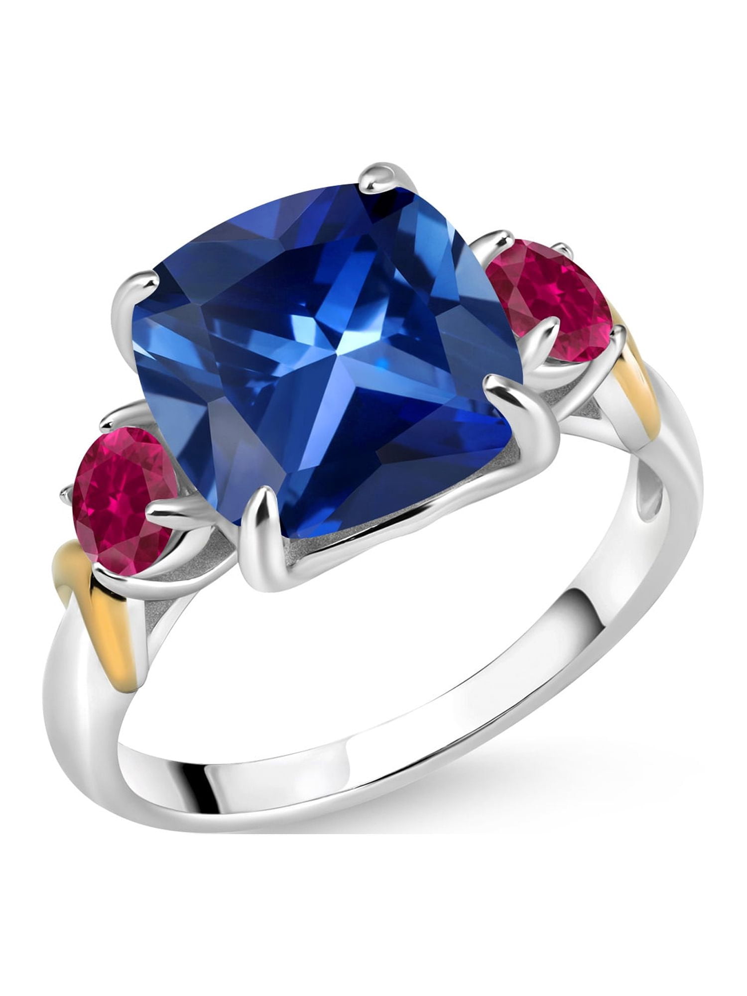 925 Silver and 10K Yellow Gold Blue Created Sapphire and Red Created ...
