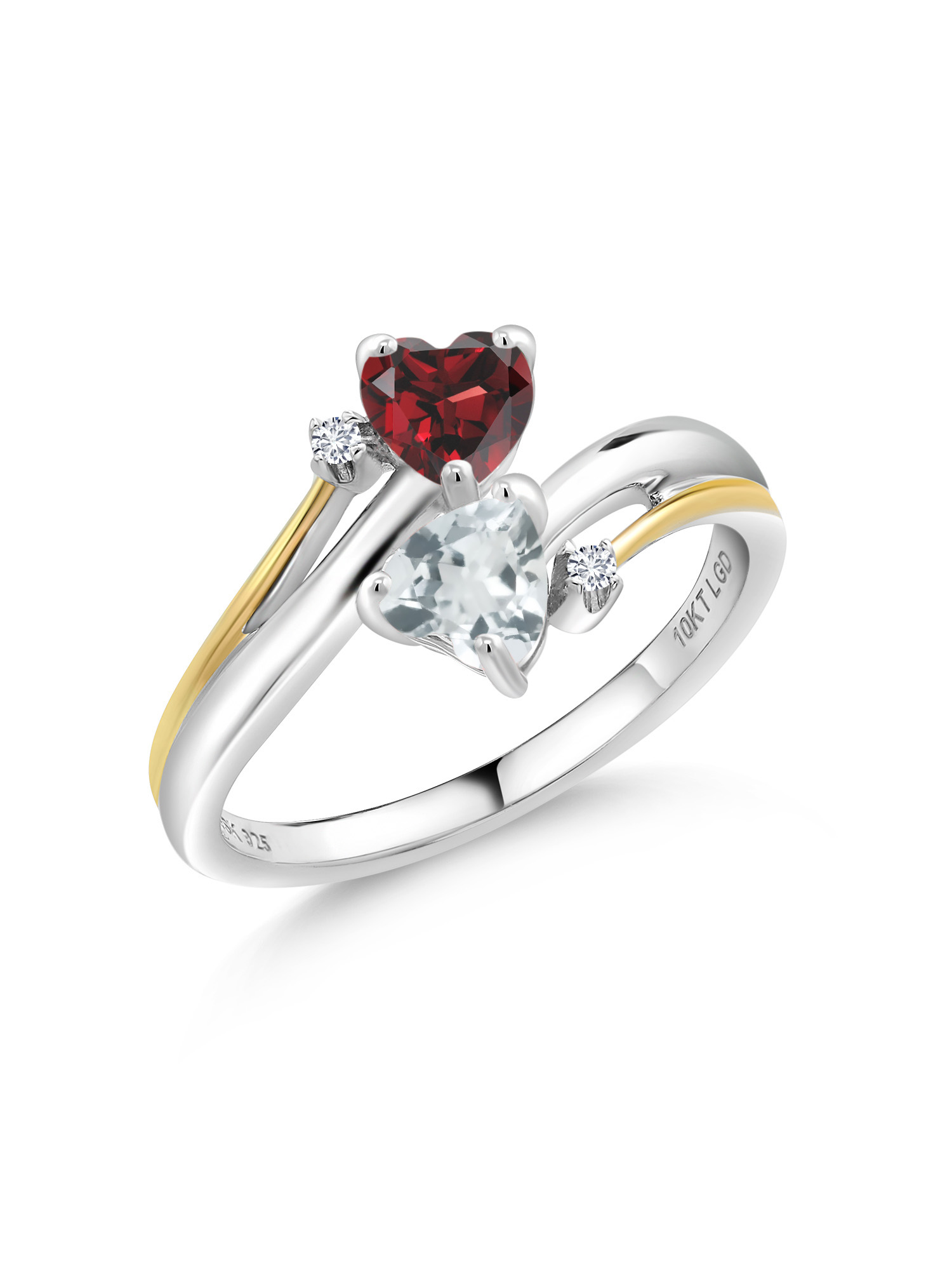925 Silver 10K Yellow Gold Red Garnet Sky Blue Aquamarine and Lab Grown Diamond 2 Heart Couple ...