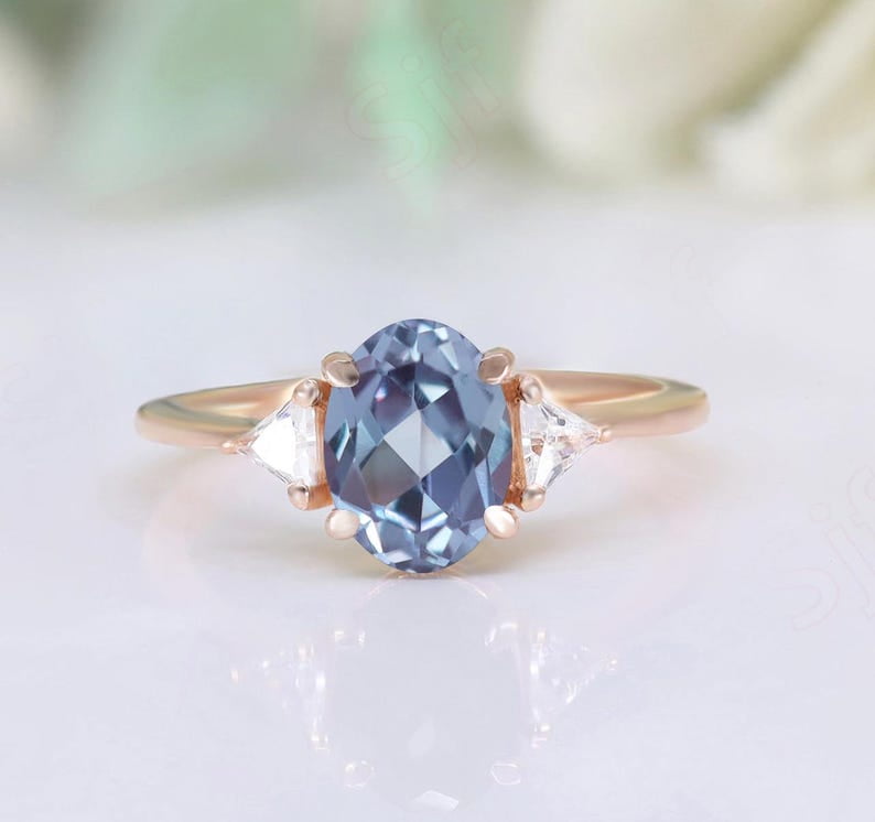 925 Silver 14K Rose Gold Plated Alexandrite Engagement Ring Oval Gemstone Ring For Her Dainty ...