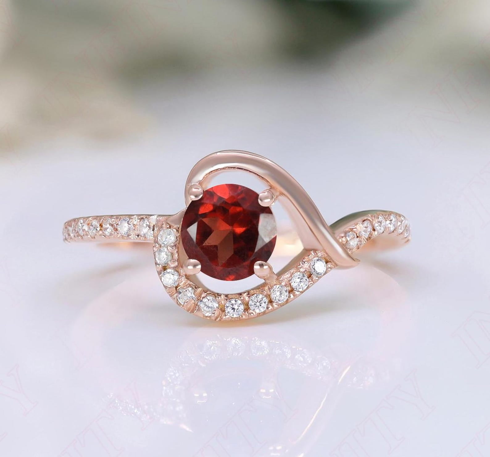 925 Silver 14K Rose Gold Plated Round Natural Red Garnet Silver Engagement Ring Bridal Rings For ...