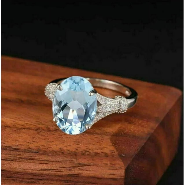 925 Silver 2Ct Oval Lab-Created Aquamarine Diamond Women Wedding Ring ...