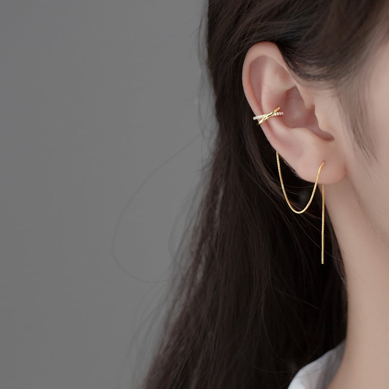 925 Silver Hollow Diamond-Cut Cross Ear Clips Fashion Long Earrings ...