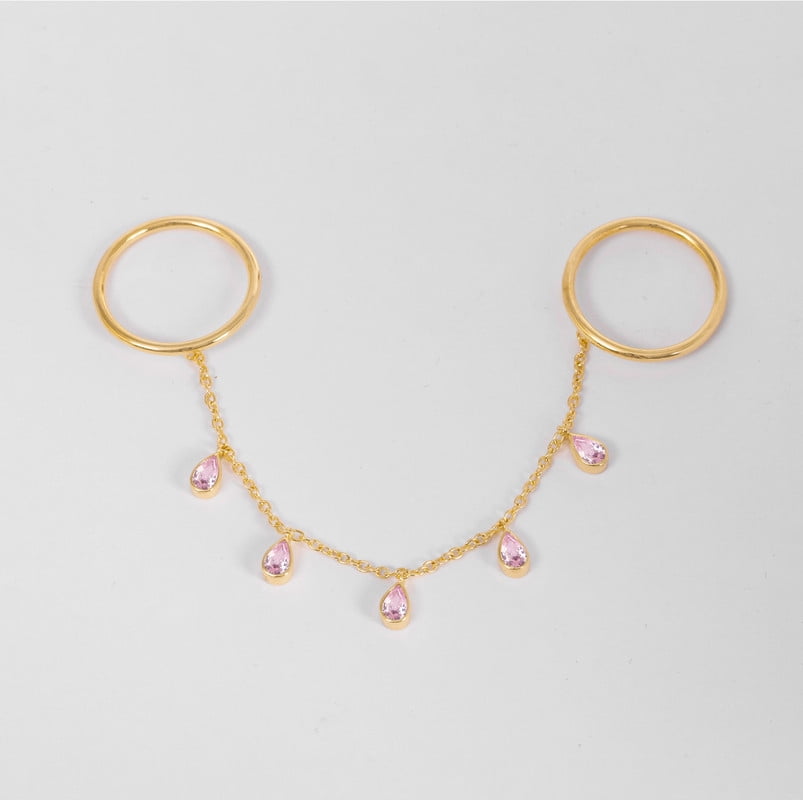 925 Silver Lab Created Pink Sapphire Dangle Drop Ring, Double Band Two ...