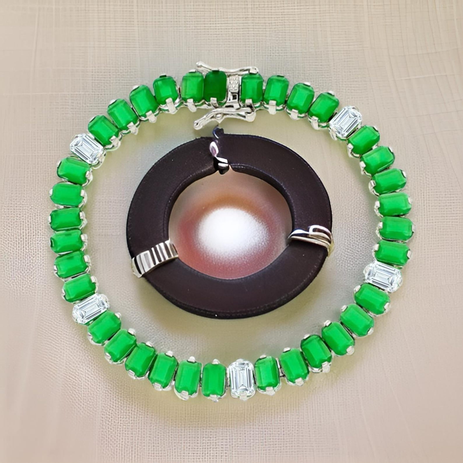 925 Silver Lab Emerald Octagon with white topaz Prong Setting Tennis Bracelet,Silver Lab Emerald ...