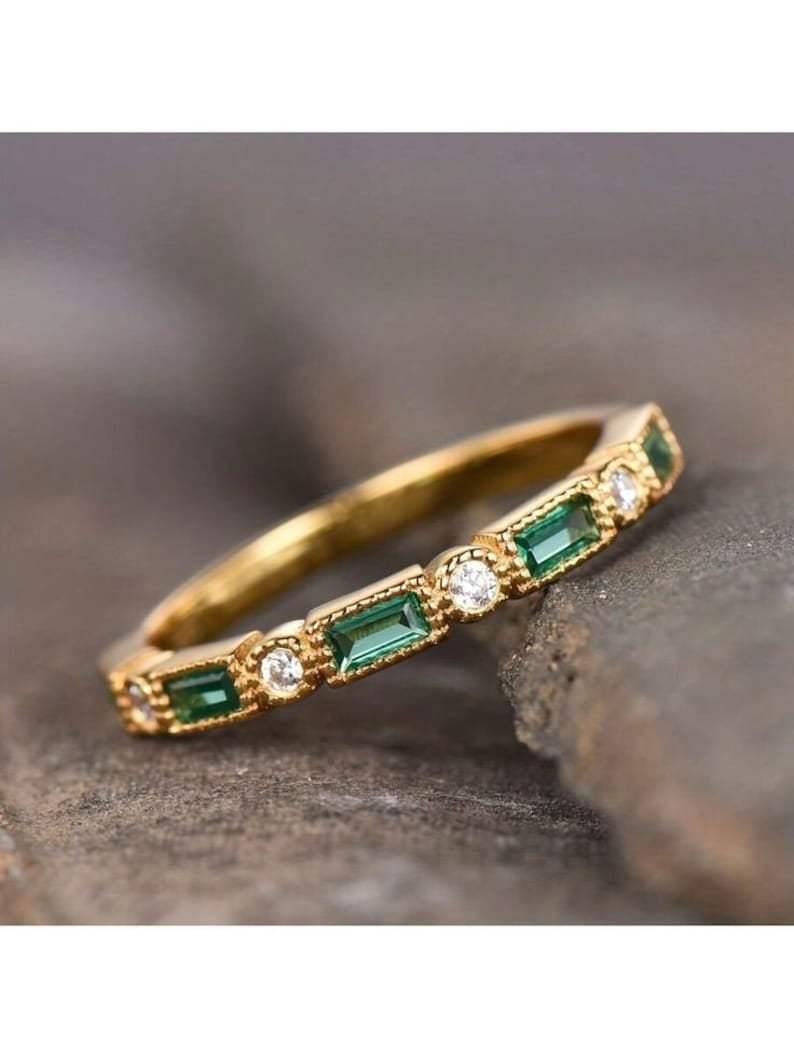 925 Silver Lab Emerald Wedding Band,Yellow Gold plated Ring,Baguette ...