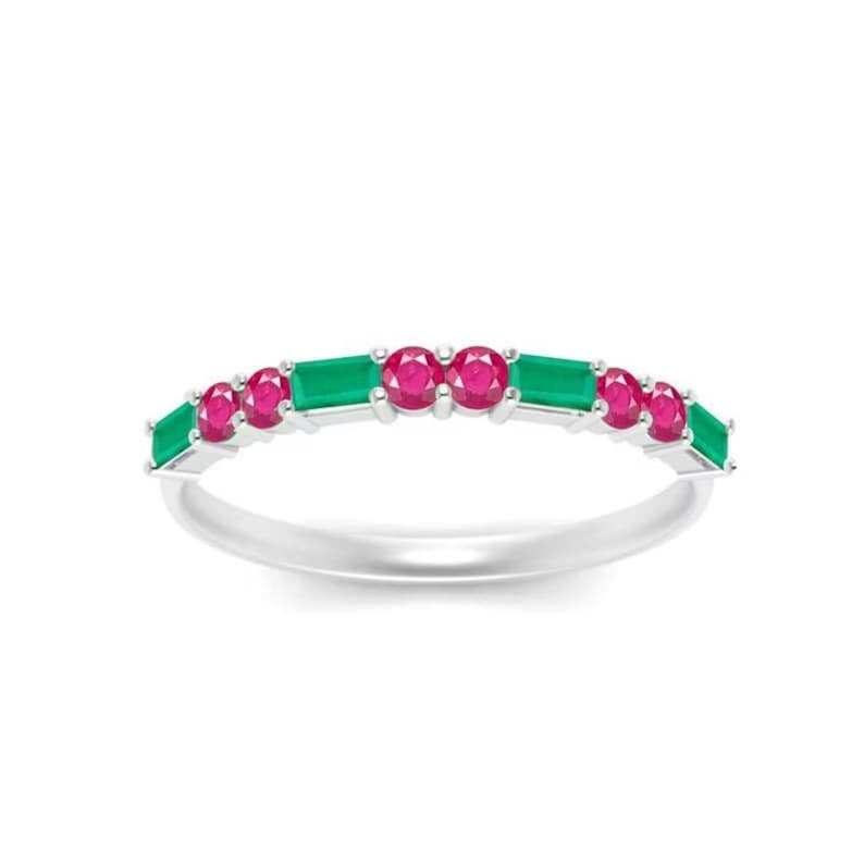 925 Silver Lab Emerald With Ruby Wedding Band,Silver Eternity Ring,White Baguette Emerald Ring ...