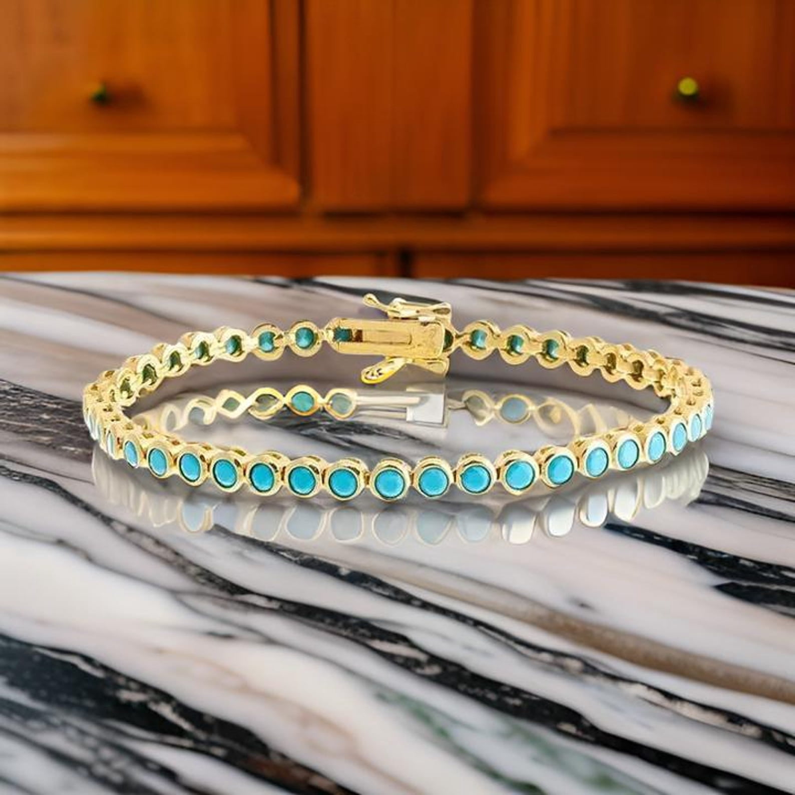 925 Silver Lab Faceted Turquoise Bezel Tennis Bracelet,Gold Plated ...
