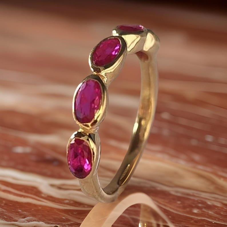 925 Silver Lab Ruby Engagement Ring,Oval Cut Five Stones Bezel Ruby ...