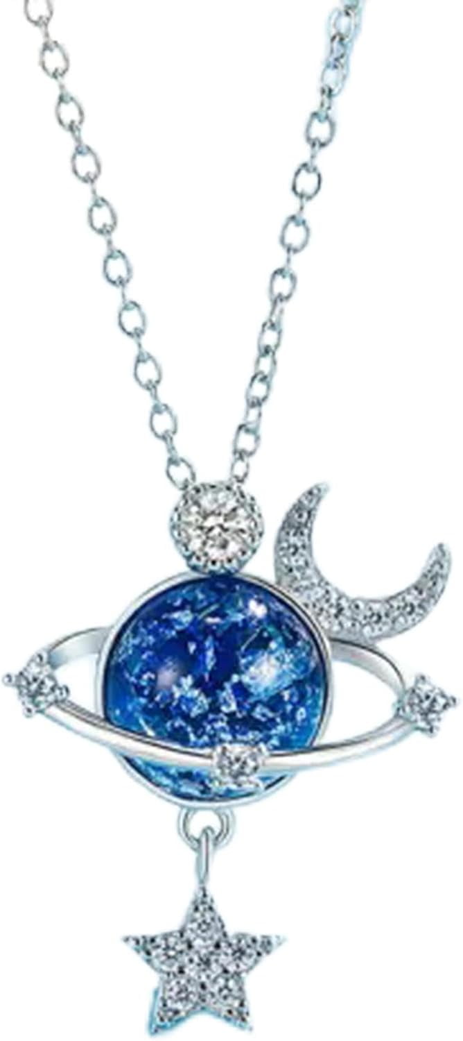 925 Silver Plated Astronaut Planet Zircon Pendant Necklace Chain Women ...