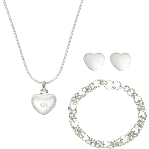 925 Silver Plated Heart Jewelry Set Elegant Heart Earrings Necklace ...
