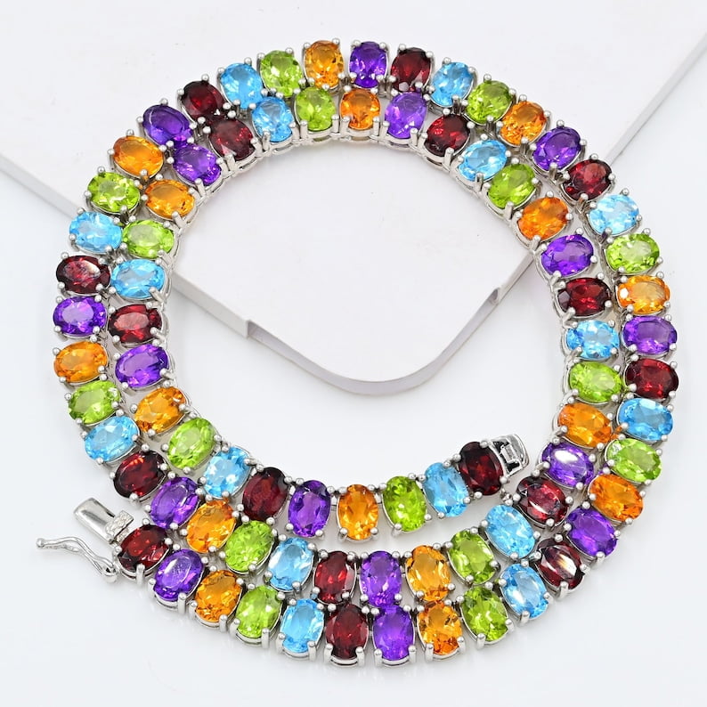 925 Silver Rainbow Color Multi Stone Necklace with 14k gold plating ...