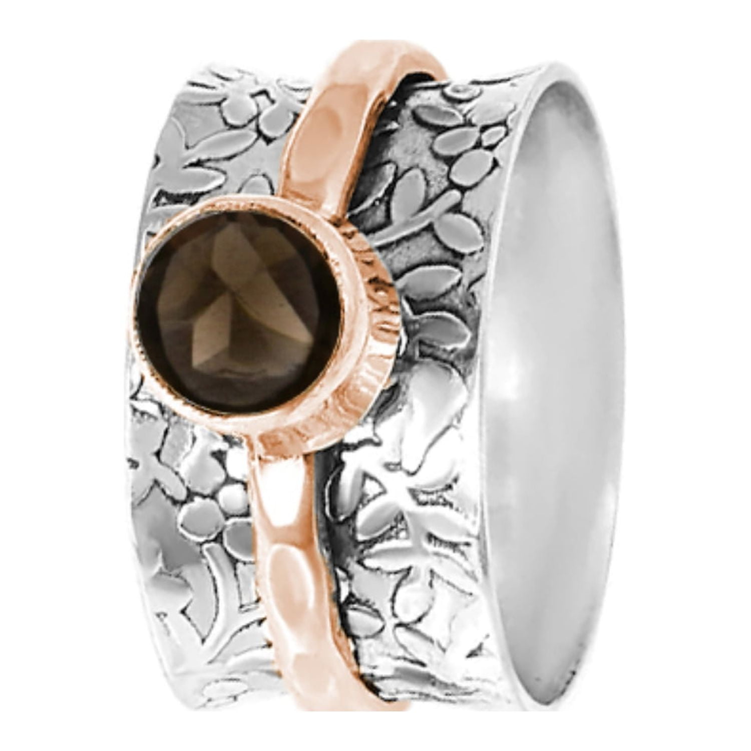 925 Silver Rose Plated Round 5 MM Smoky Quartz Anti Stress Dual Band ...