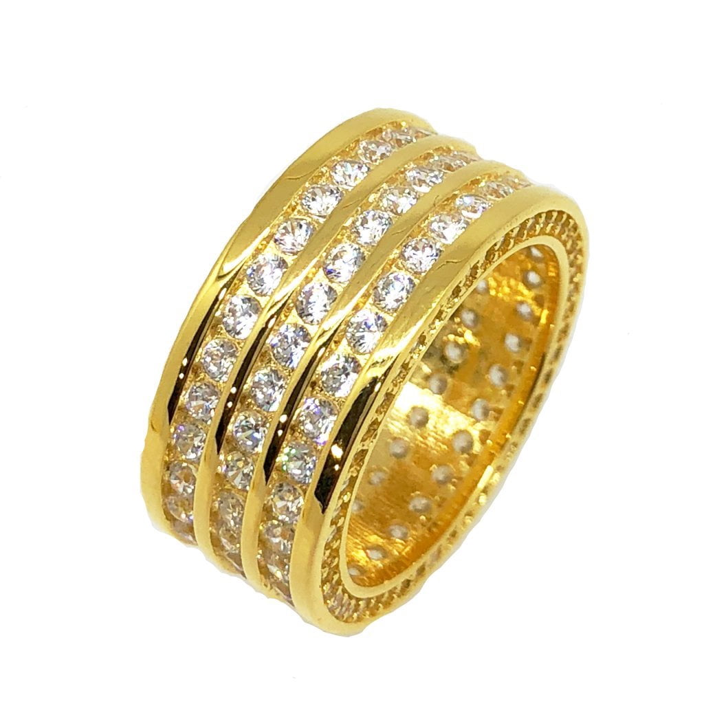 .925 Silver Triple Row CZ Eternity Band Bling Bling Ring in Gold ...