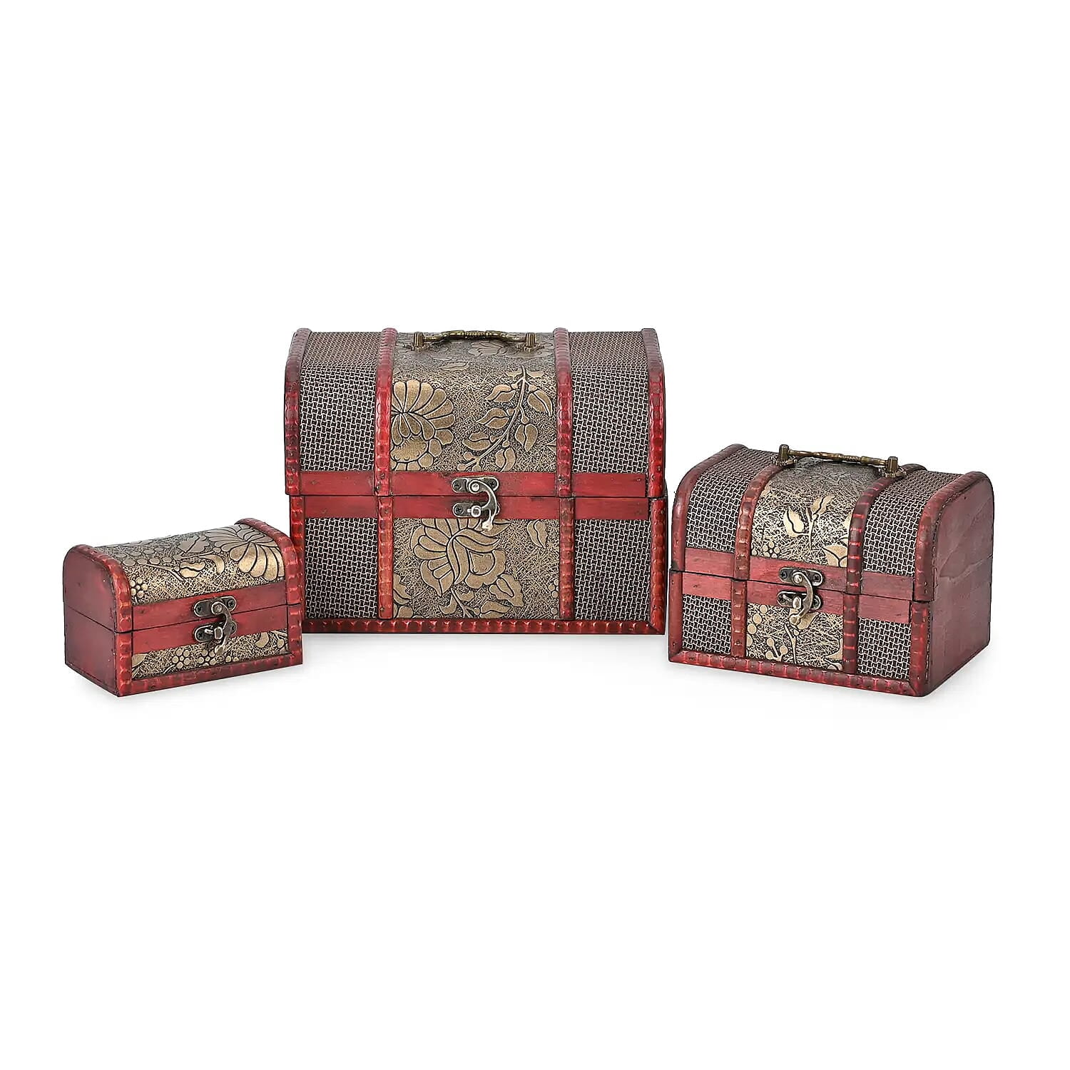 Set of 3 Wine Red Wooden and Daisy Flower Pattern Faux Leather Nesting ...