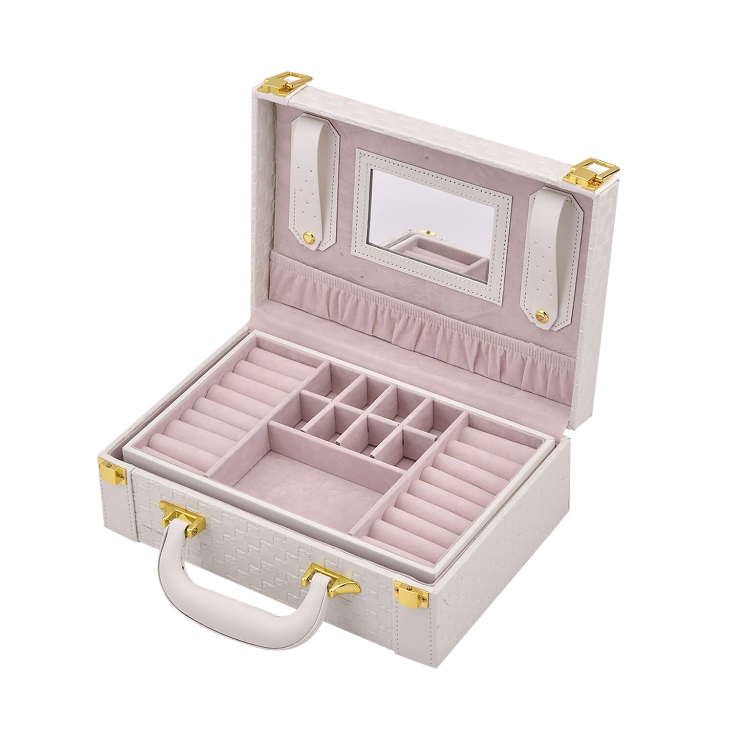 Cream Color Faux Leather Woven Texture 2 Layer Briefcase Jewelry Box ...