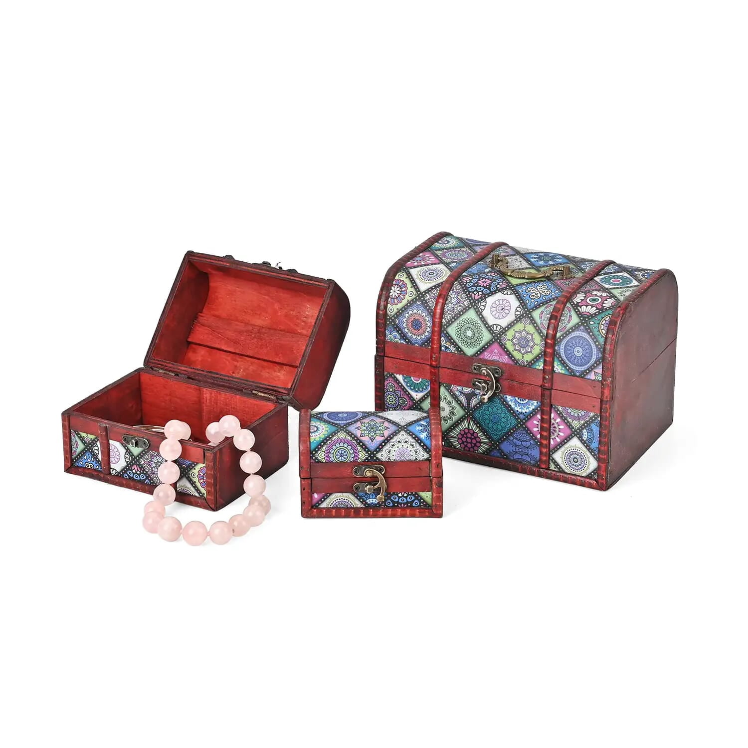 Set of 3 Dark Brown Wooden and Blue Floral Pattern Faux Leather Nesting ...