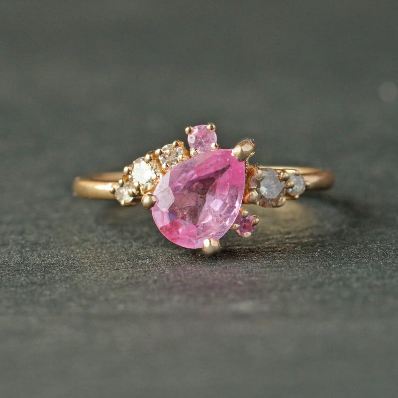 925 Starling Silver Pear Pink Sapphire Diamond Cluster Wedding Ring ...