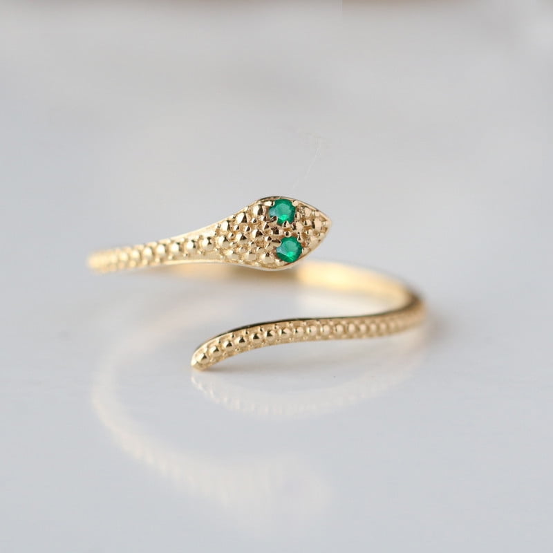 925 Starling Sliver Ring, Emerald Snake Ring, Milgrain Band Ring, Emerald Eyes Cuff Snake Ring ...