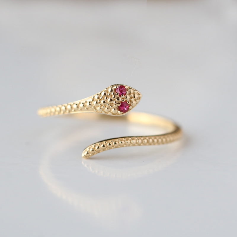 925 Starling Sliver Ring, Ruby Snake Ring, Milgrain Band Ring, Ruby Eyes Cuff Snake Ring ...