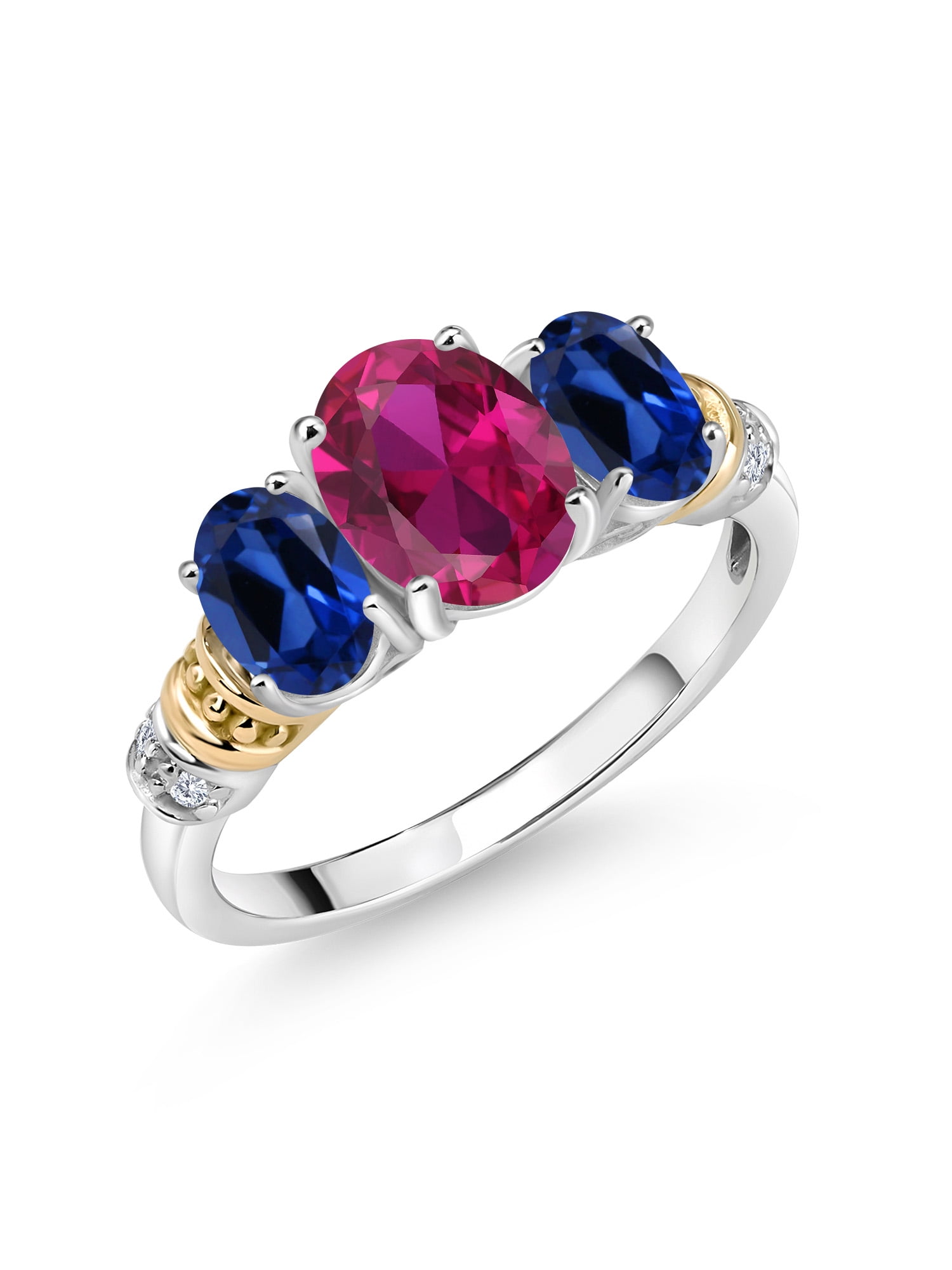 925 Sterling Silver and 10K Yellow Gold Oval Red Created Ruby Blue ...