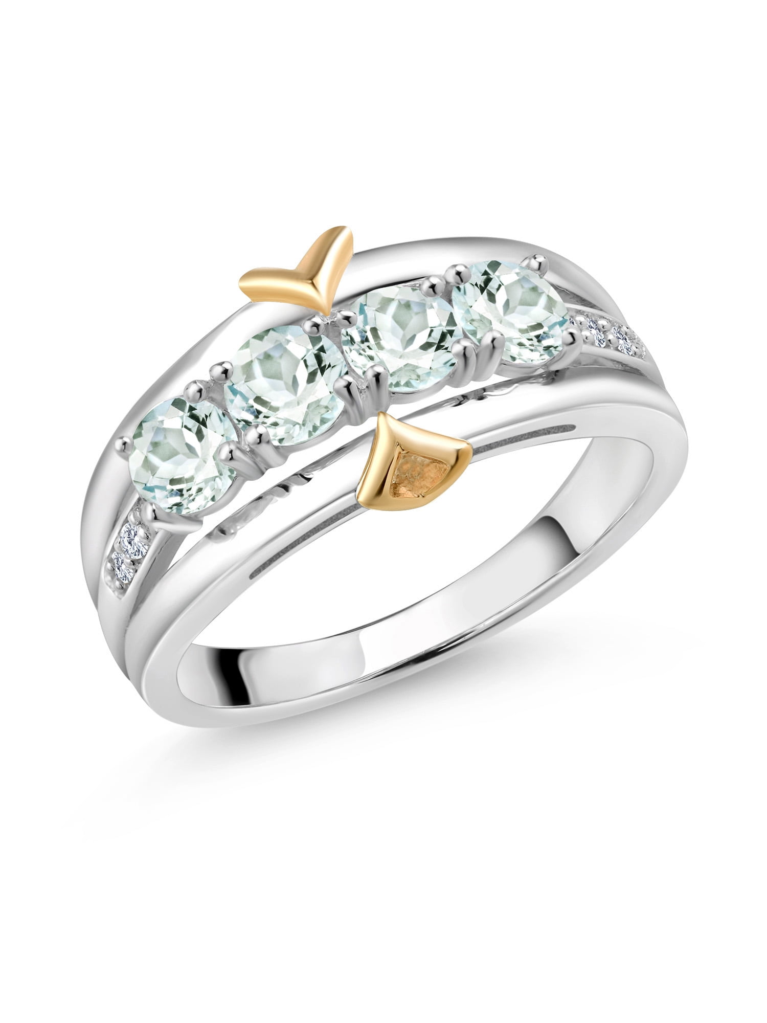 925 Sterling Silver and 10K Yellow Gold Sky Blue Aquamarine and White Lab Grown Diamond 4-Stone ...