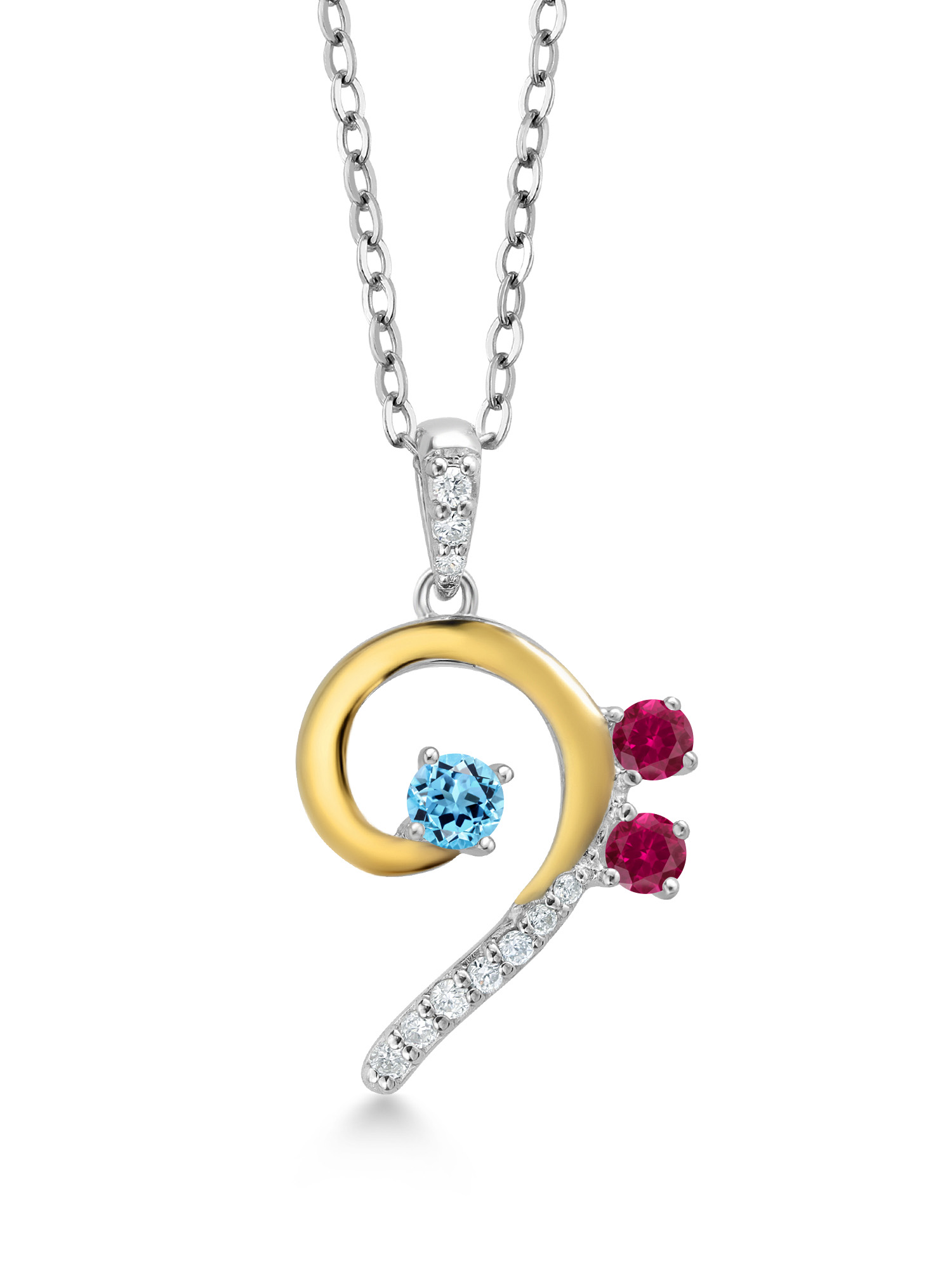 925 Sterling Silver and 10K Yellow Gold Swiss Blue Topaz Red Created ...