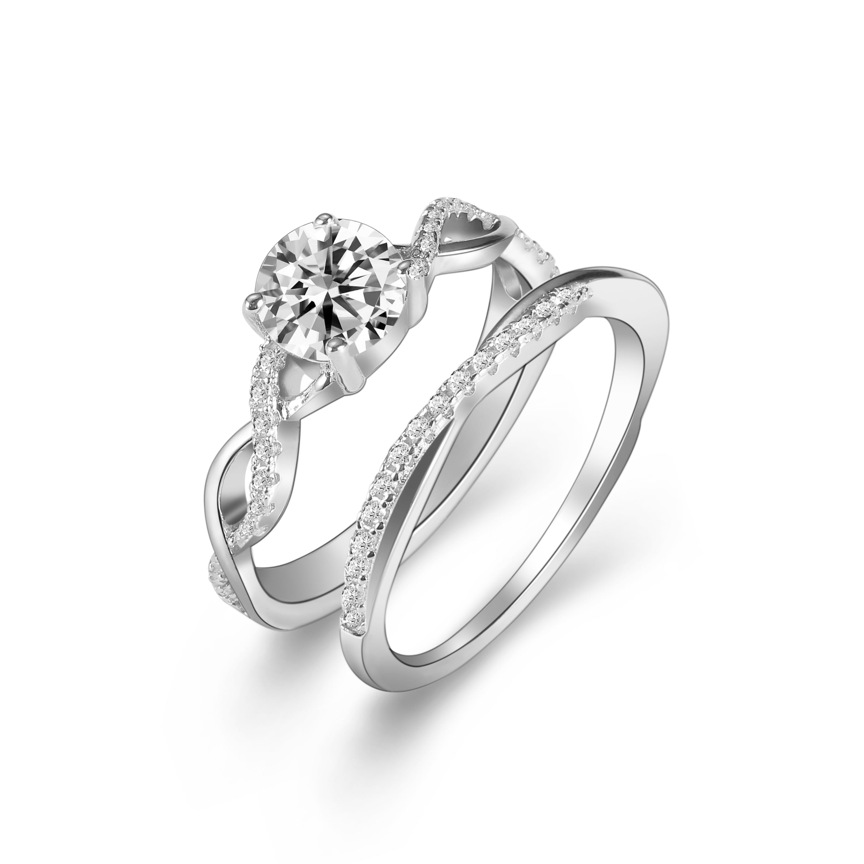 925 Sterling Silver 3.5ct Round Cut Cubic Zirconia Promise Engagement Bridal Wedding Ring Set ...