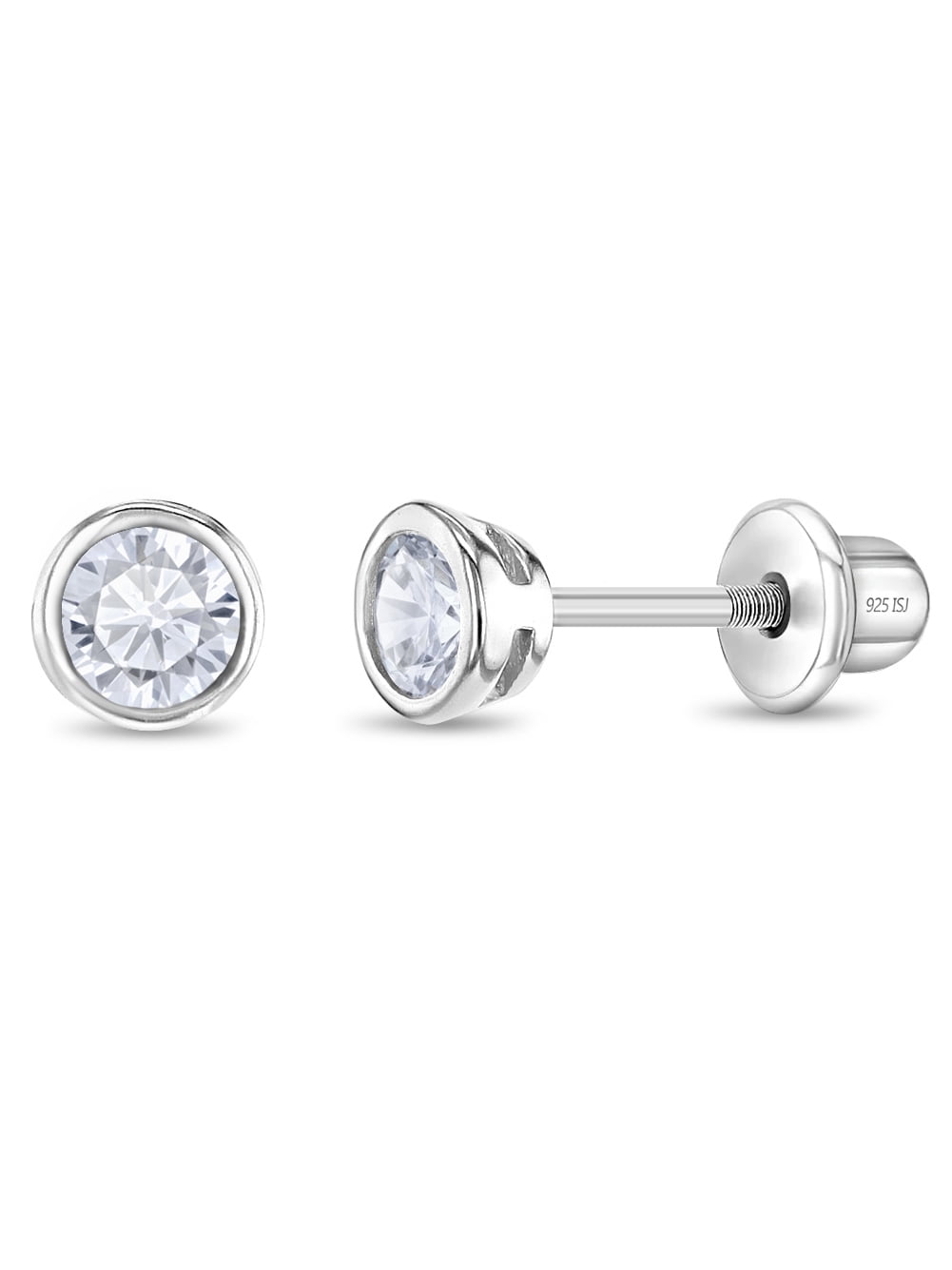 925 Sterling Silver 4mm Bezel Set Clear CZ Stud Earrings for Infants ...