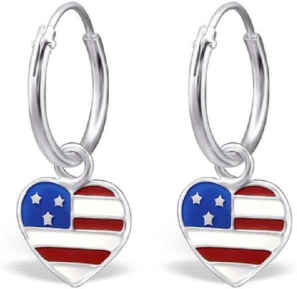 925 Sterling Silver American Flag Heart on Endless Hoop Earrings 28022 ...