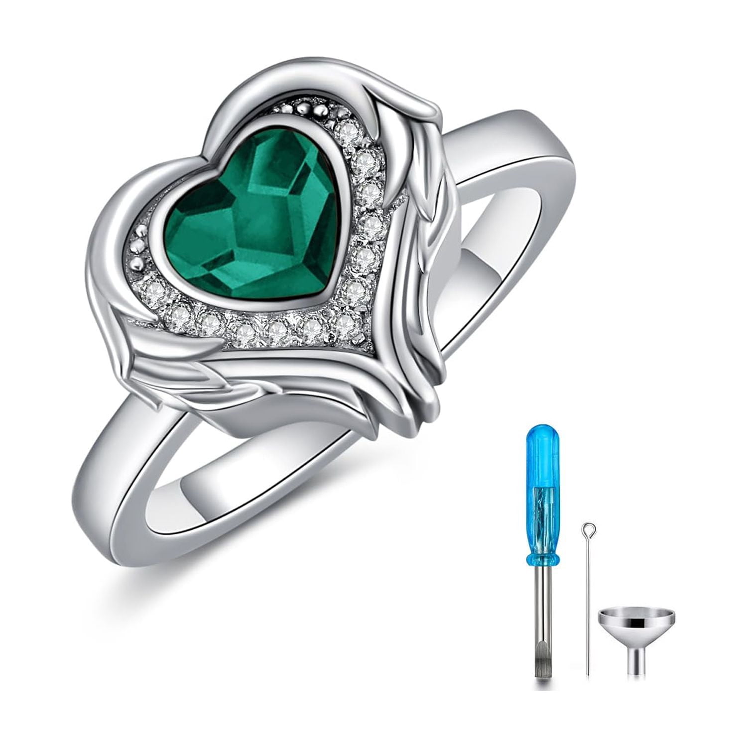 925 Sterling Silver Angel Wing Urn Ring Holds Loved Ones Ashes Heart ...