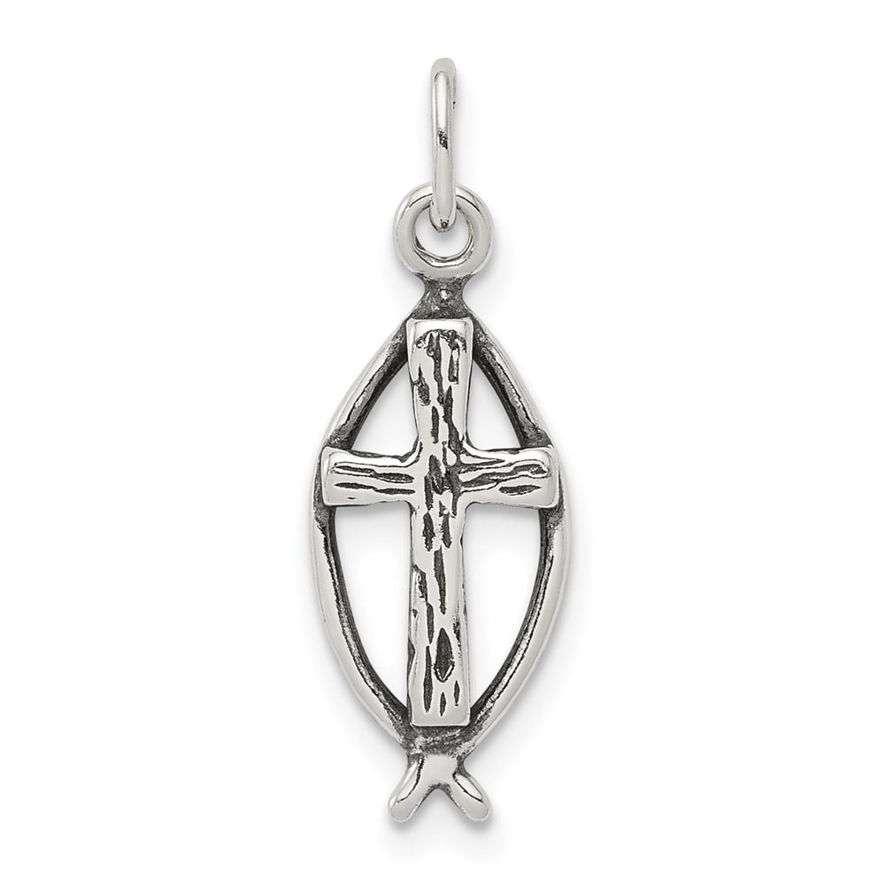 925 Sterling Silver Antiqued Ichthus Fish Cross Charm Pendant Fine ...