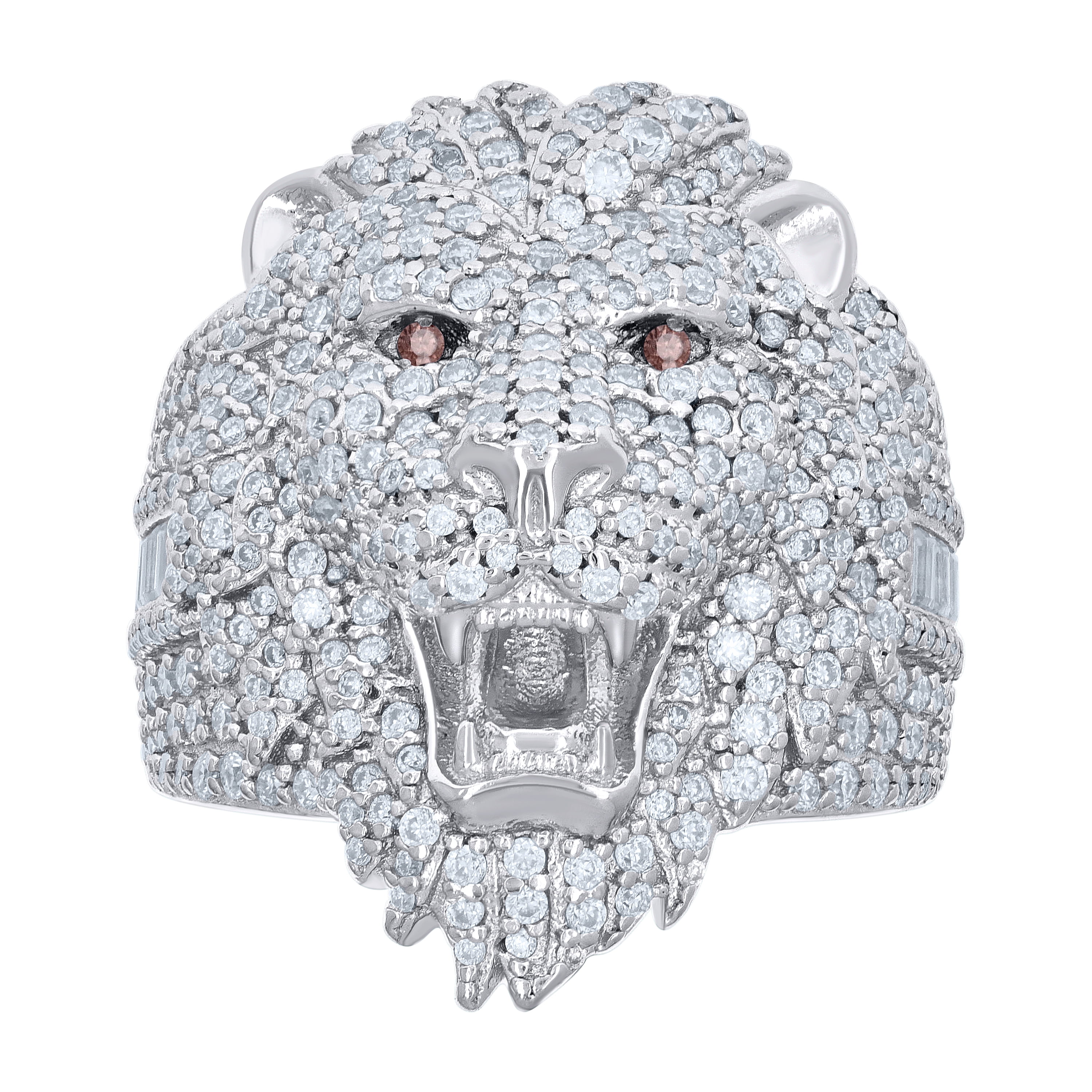 925 Sterling Silver Baguette Moissanite Statement Red Eyed Roaring Lion ...