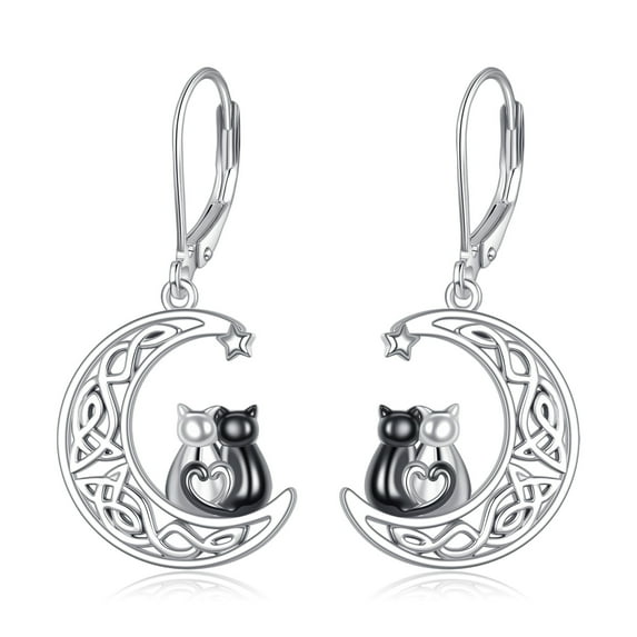 925 Sterling Silver Black Cat Earrings for Women Crescent Moon Celtic ...