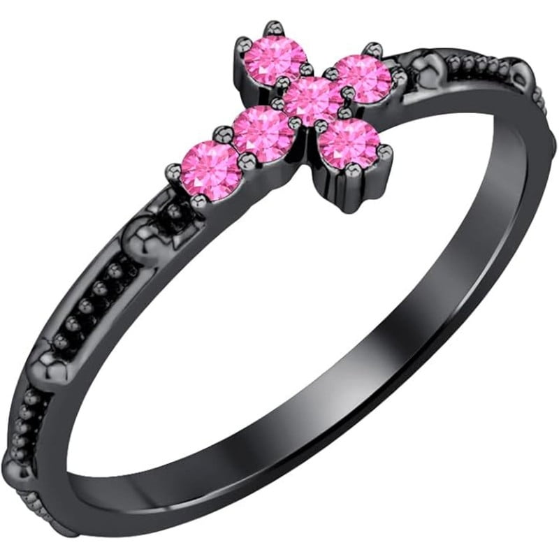 925 Sterling Silver Black Gold Plated Pink Sapphire Cross Ring - Women ...