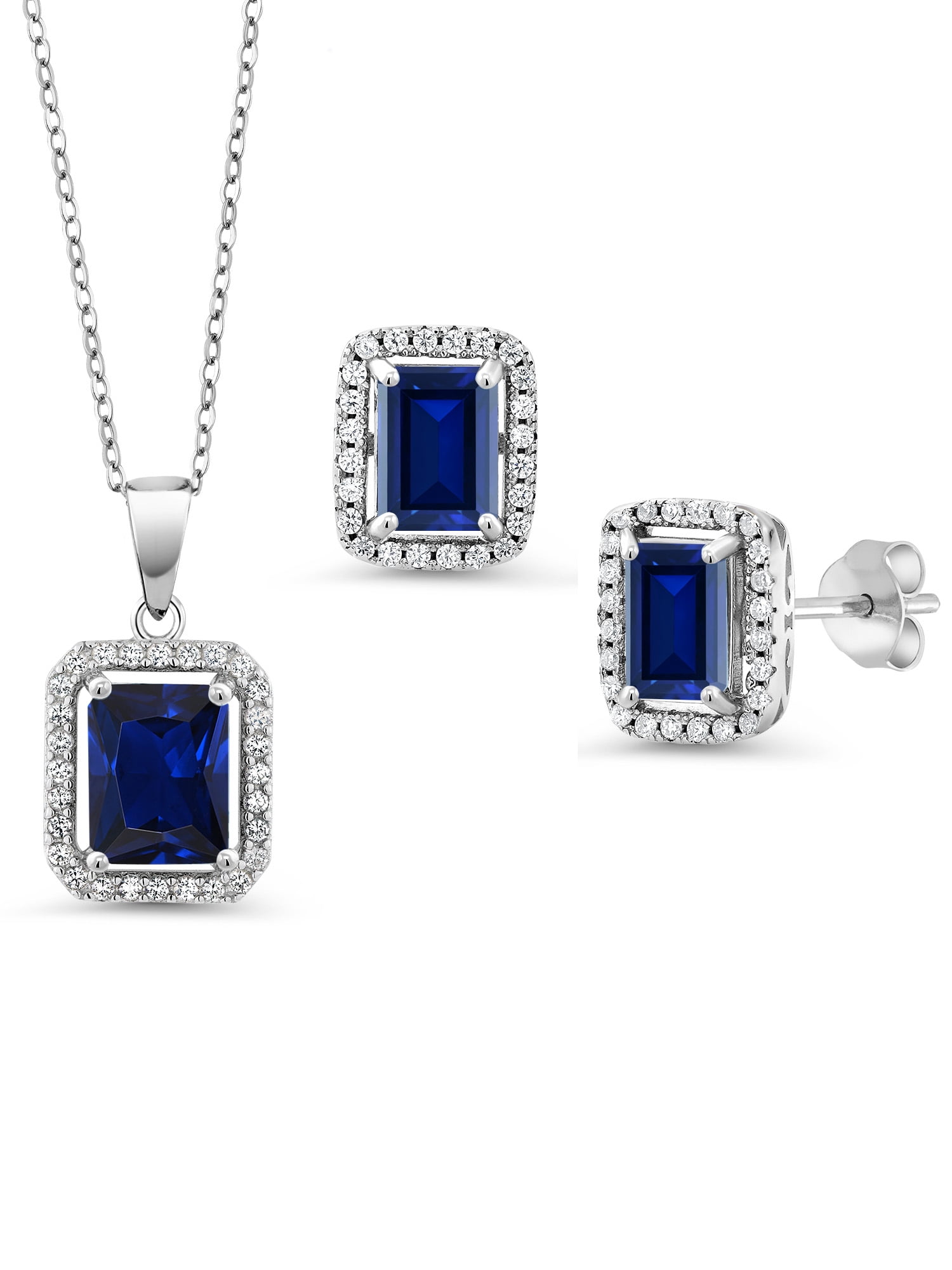 925 Sterling Silver Blue Created Sapphire Pendant and Earrings Jewelry ...