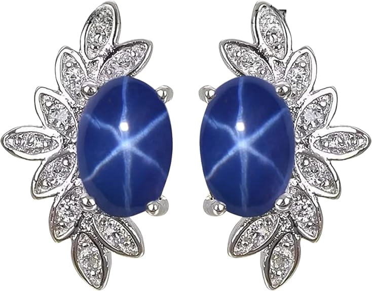 925 Sterling Silver Blue Star Sapphire Earrings Elegant Blue Star ...