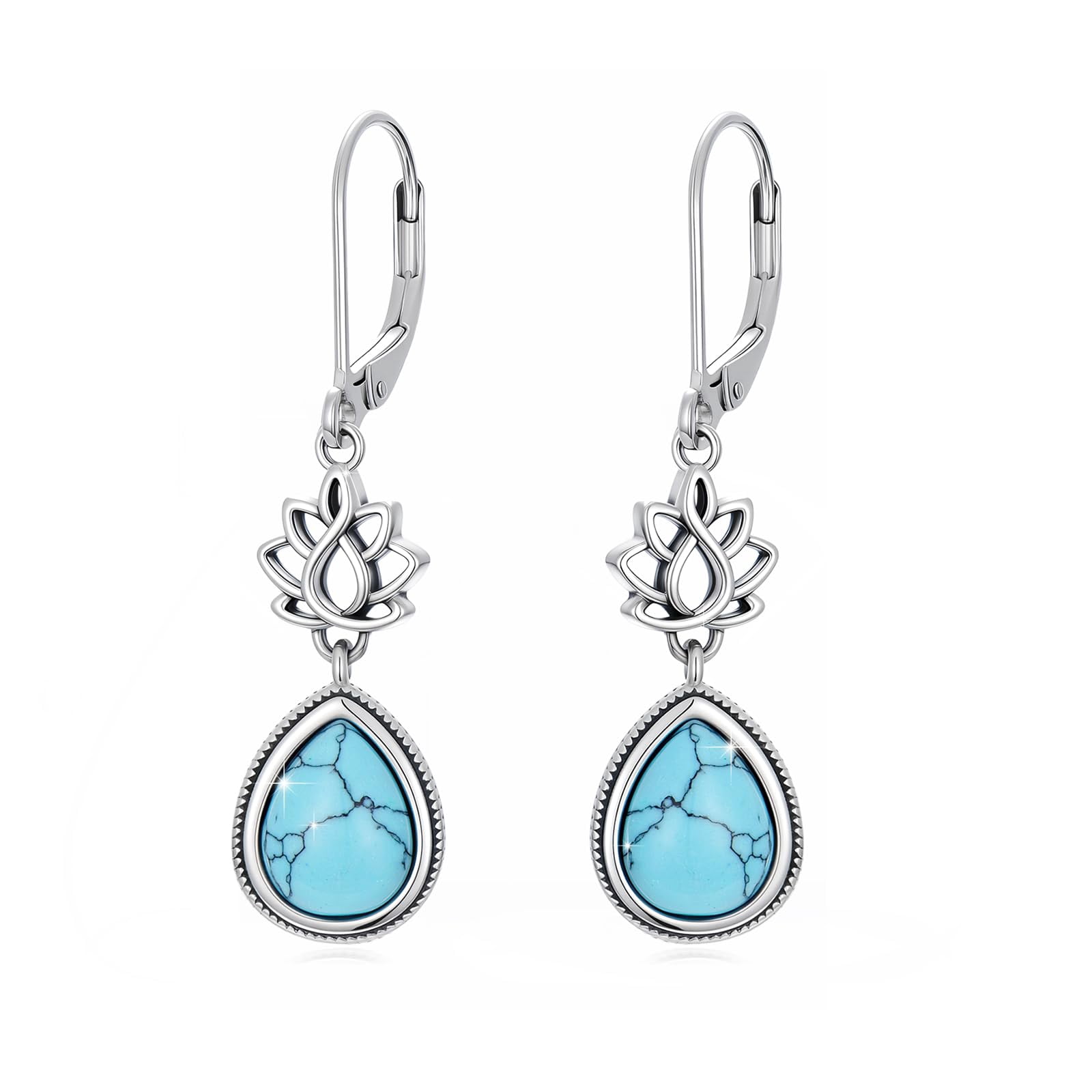 925 Sterling Silver Boho Lotus Turquoise Dangle Earrings, Intricate ...