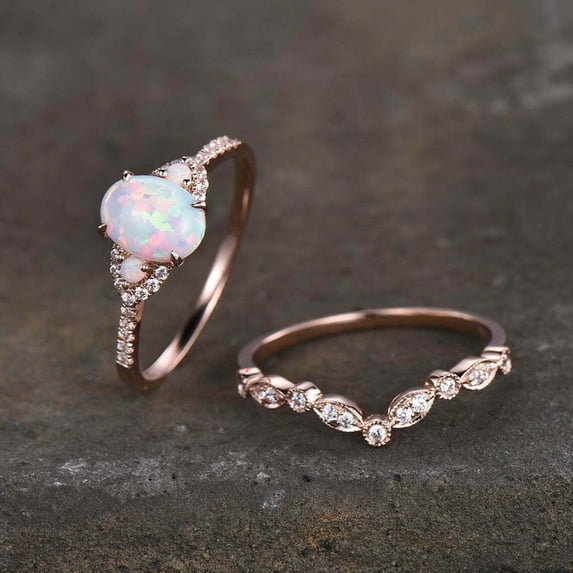 925 Sterling Silver Bridal Ring Set, Rose Gold Plated, Opal and CZ ...