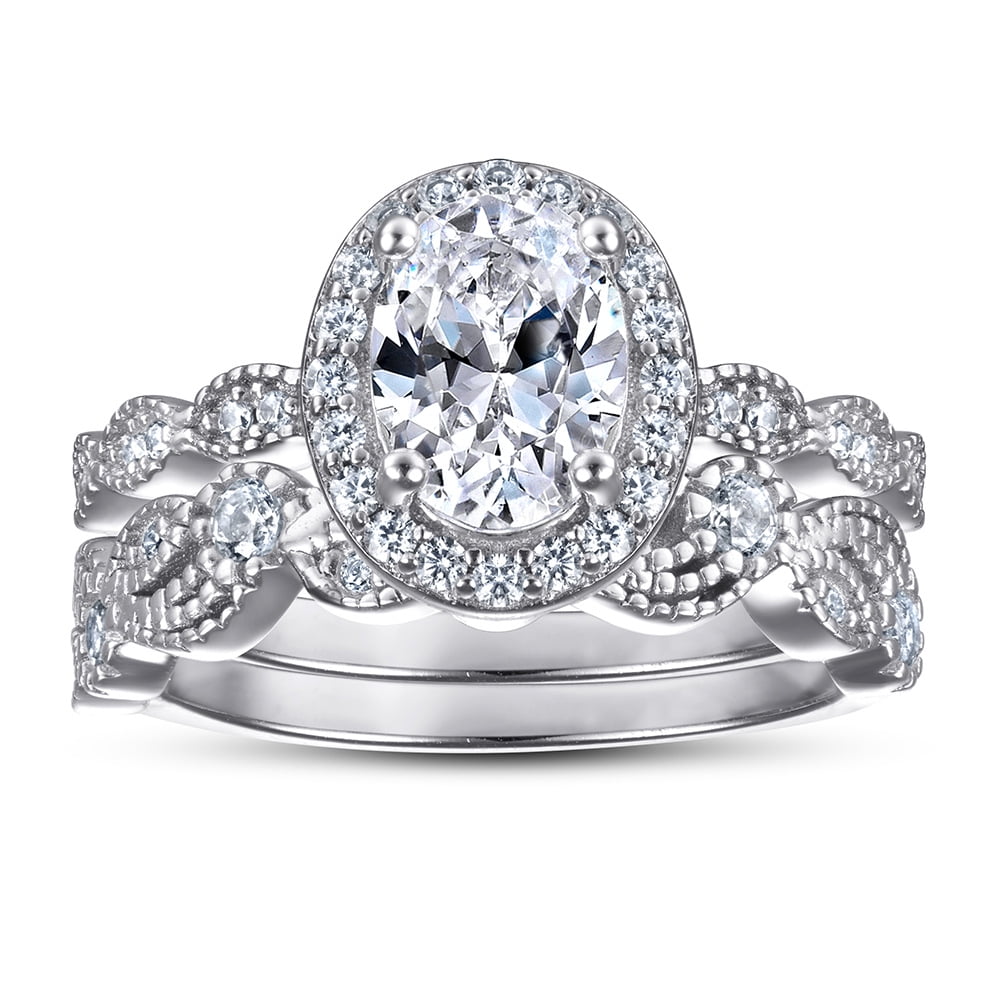 925 Sterling Silver Bridal Ring Sets， 1.5CT Ovel Cut CZ Engagement ...