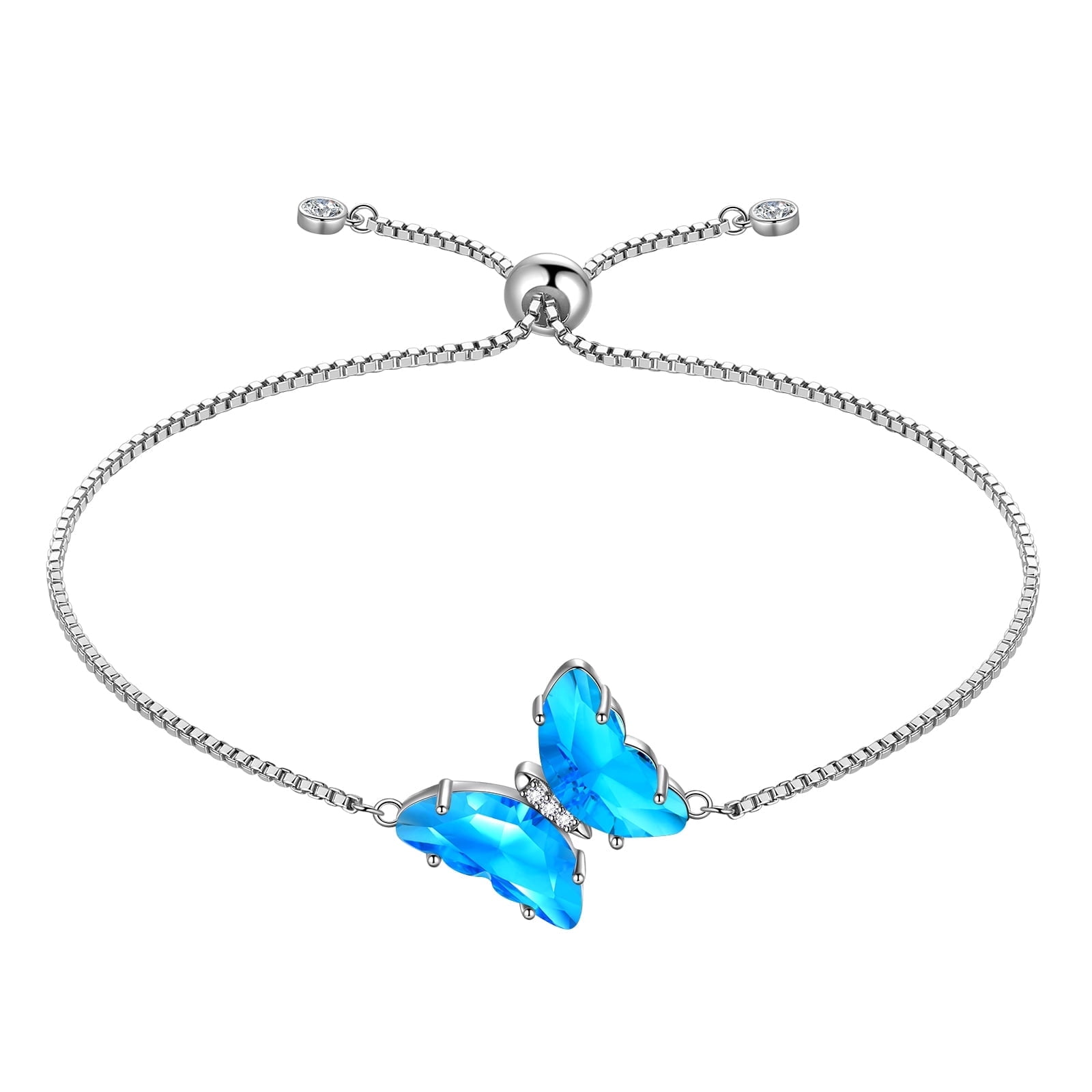 925 Sterling Silver Butterfly Bracelet March Birthstone Aquamarine Blue ...