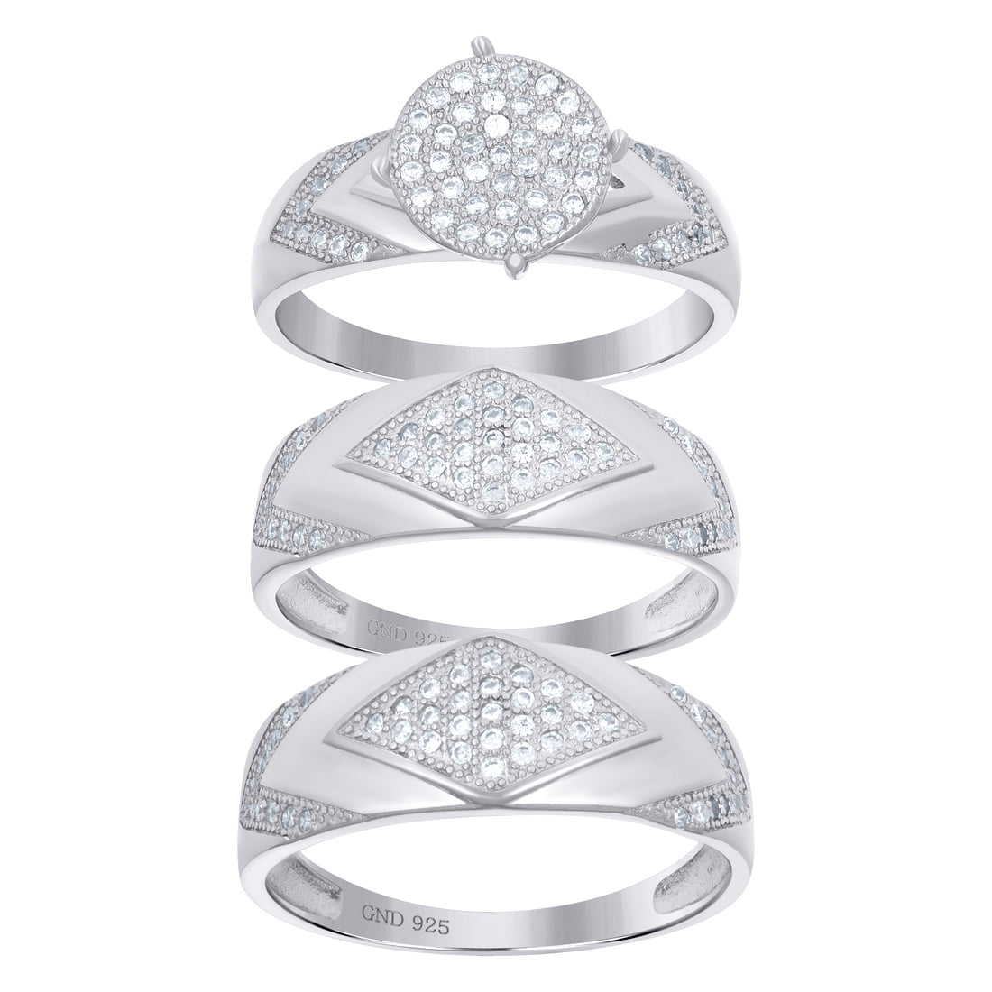 925 Sterling Silver Cubic Zirconia His and Hers Trio Cluster Matching ...