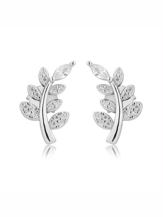 925 Sterling Silver CZ Leaf Stud Earrings Rhodium Plated Women ...