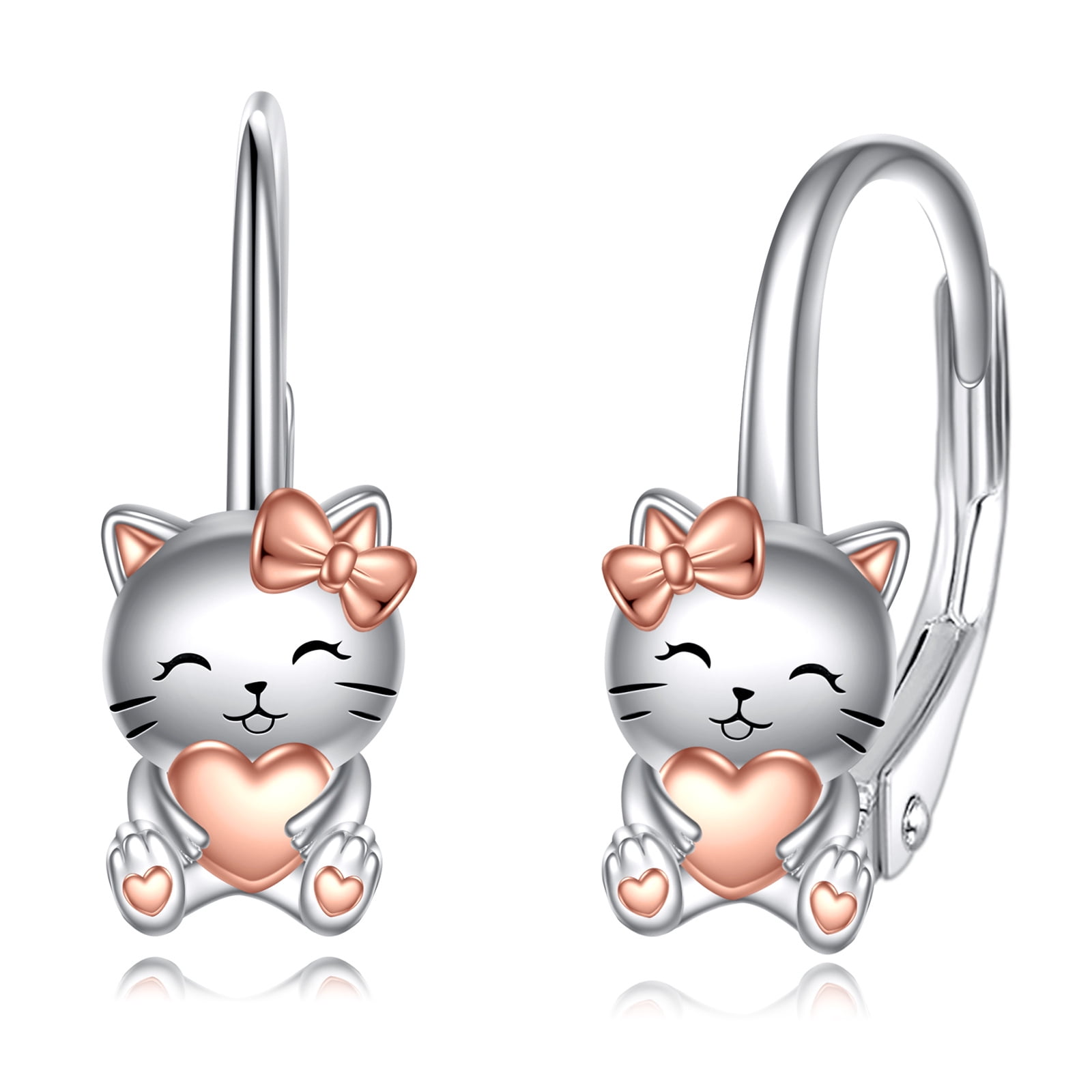 925 Sterling Silver Cat Leverback Earrings Cute Animal Hoop Dangle Drop ...