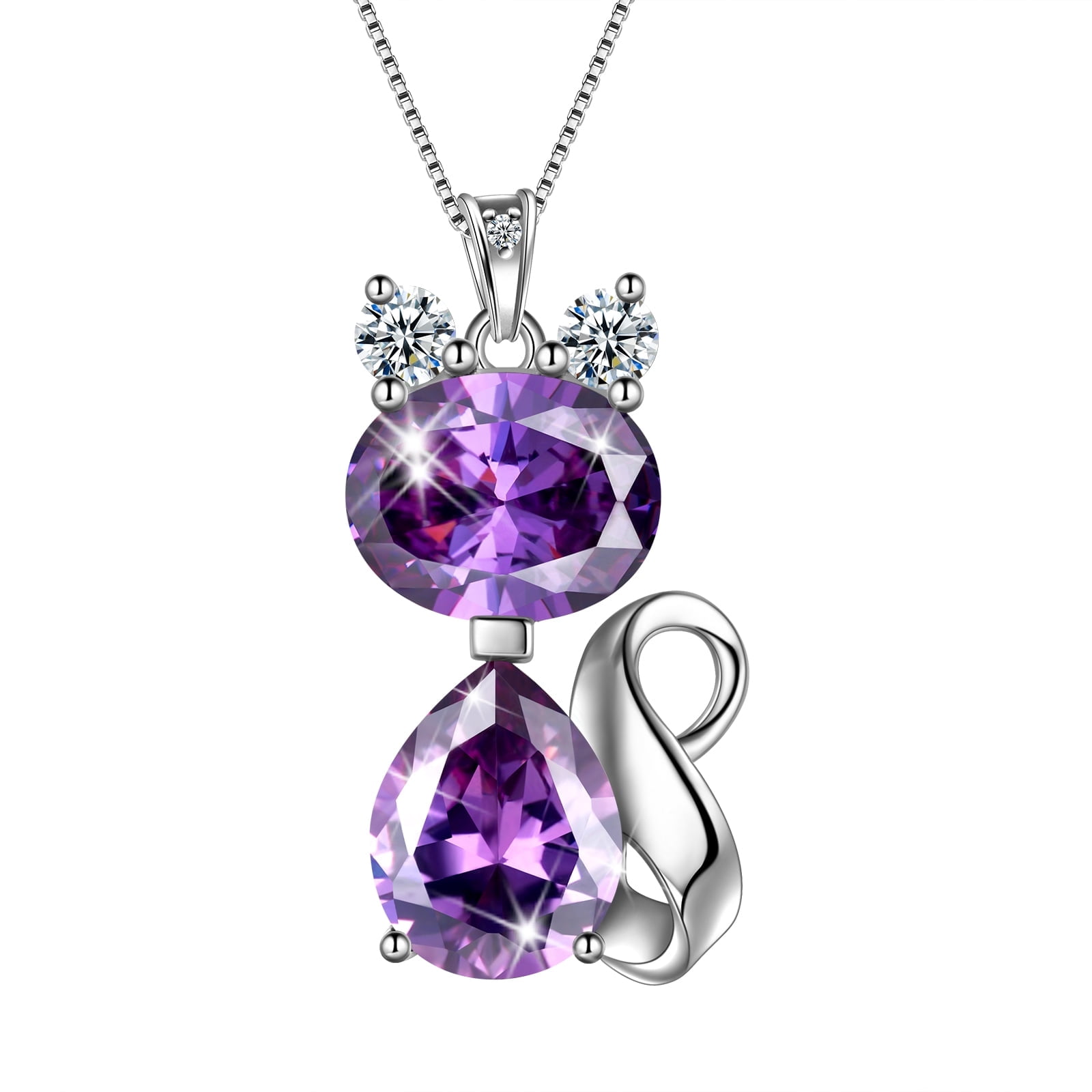 925 Sterling Silver Cat Pendant February Birthstone Necklace Amethyst ...