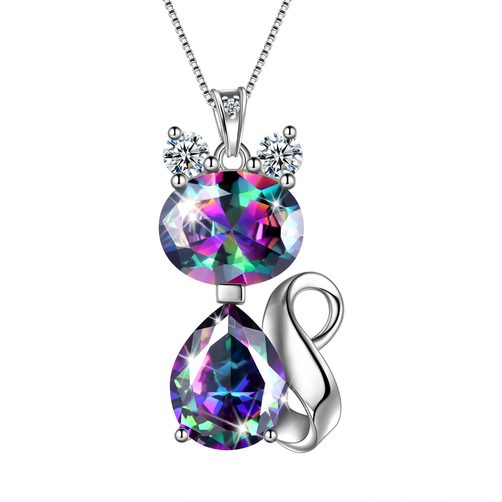 Aurora Tears 925 Sterling Silver Cat Pendant Necklace for Kids, Mystic Rainbow Topaz Crystal CZ ...